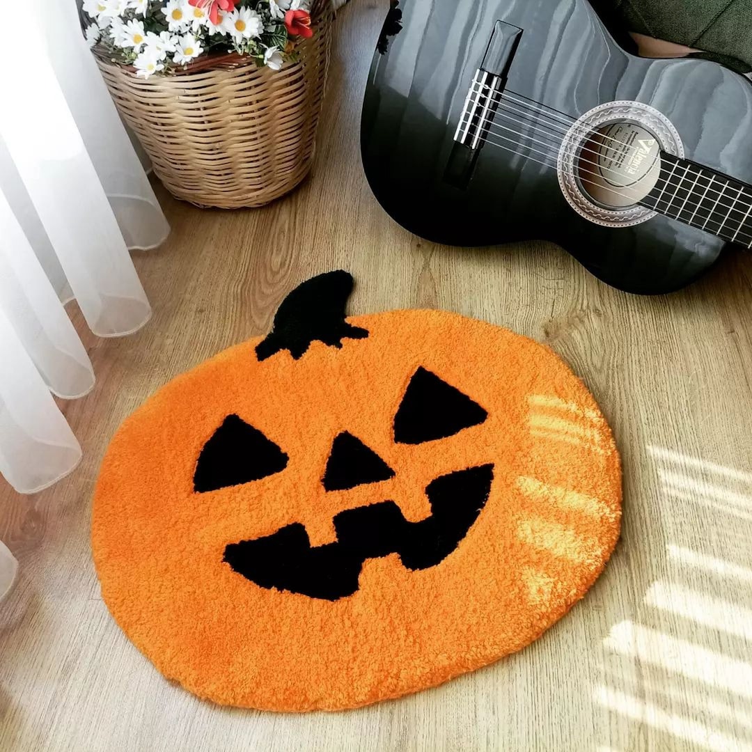 Scary Pumpkin Carved Tufting Floor Rug, Cute and Spooky, Orange Pumpkin ...
