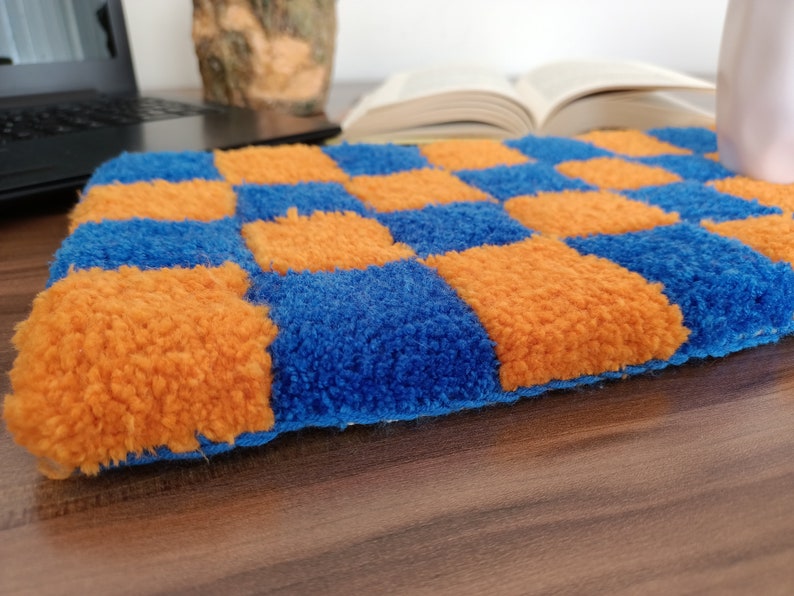 Checkered Desk Top Blue Orange Decor Tufting Rug Gift for - Etsy