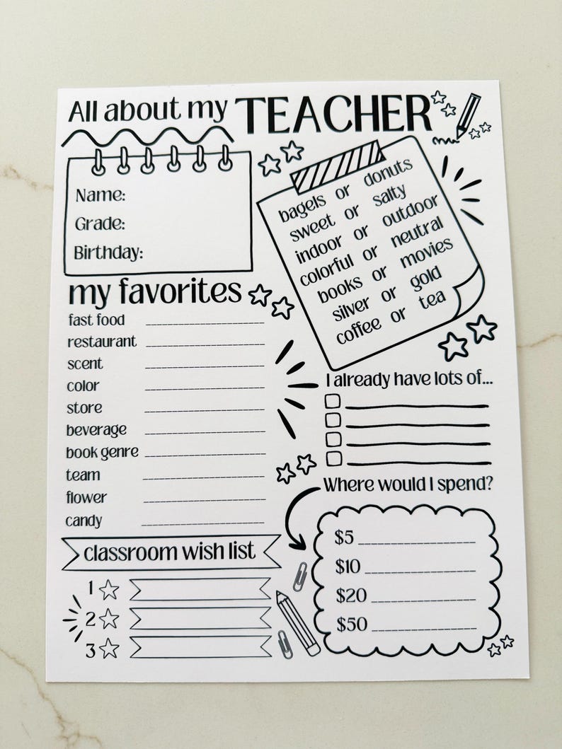 Teacher’s Favorite Things Printable, All About My Teacher Worksheet ...
