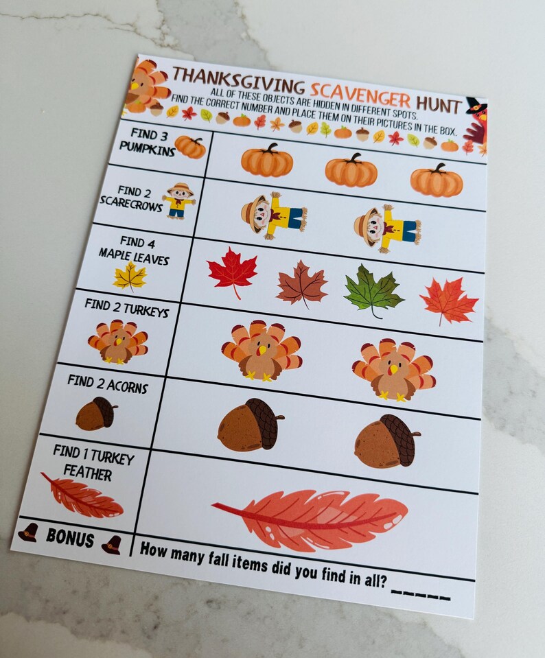 Thanksgiving Scavenger Hunt for Preschoolers: Game Board and Pieces ...