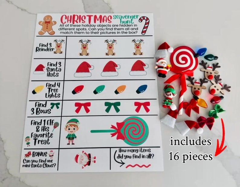 Christmas Scavenger Hunt for Preschoolers: Game Board and 16 Pieces ...