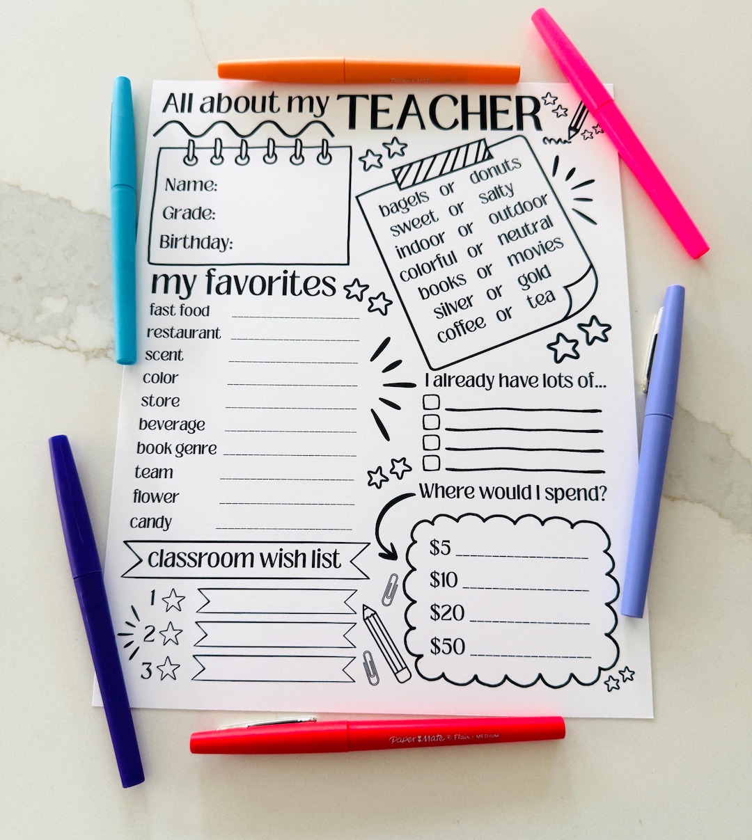 Teacher’s Favorite Things Printable, All About My Teacher Worksheet ...