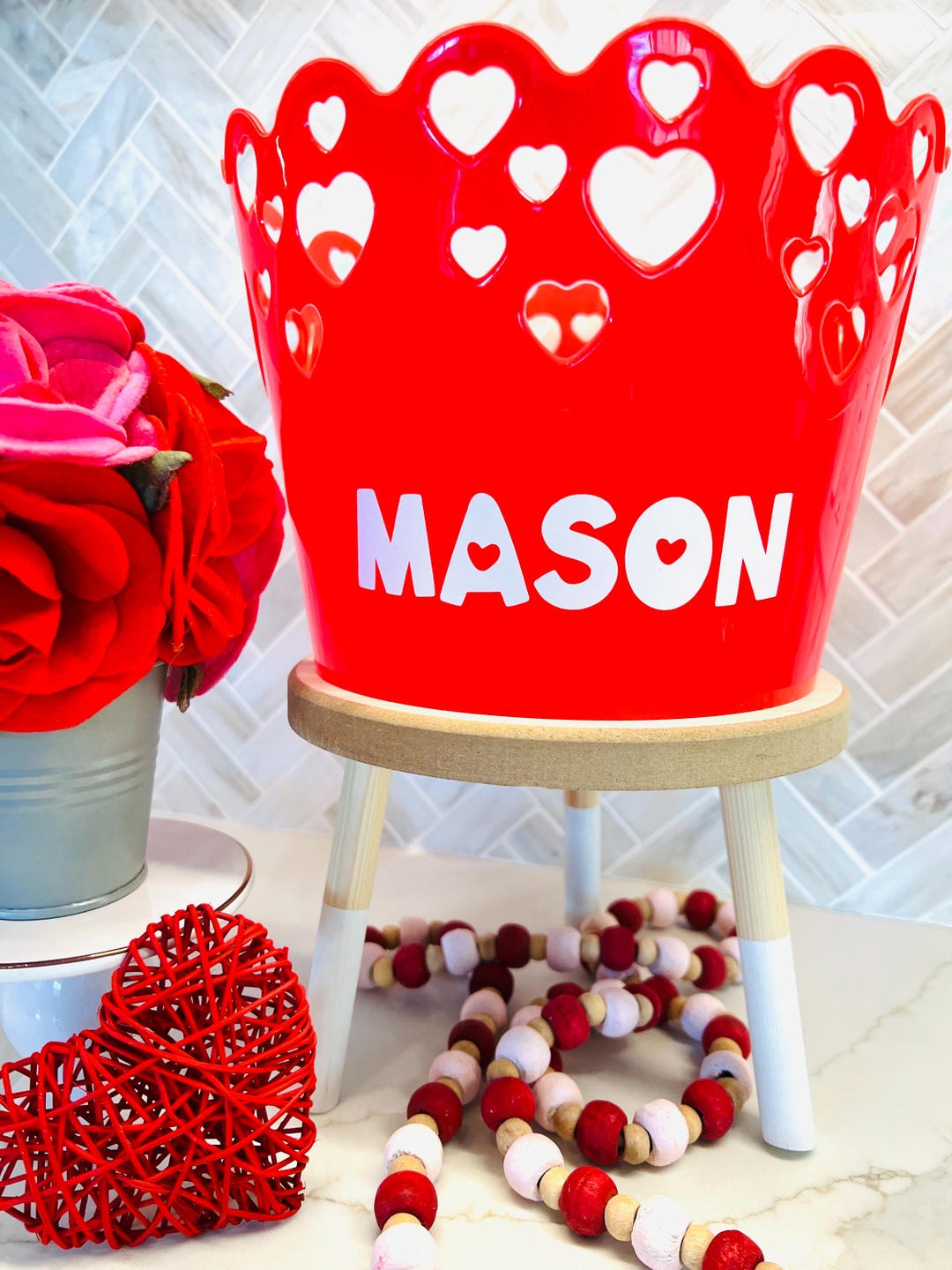 Personalized Valentine Heart Bucket, Kids Heart Basket, Kids Valentine ...