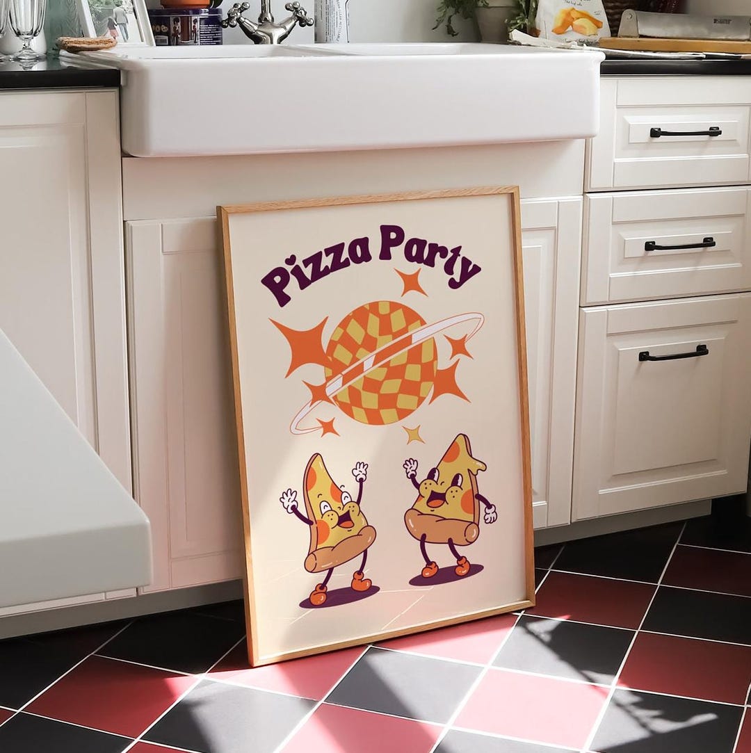 Pizza Party Cartoon Print, Retro Cartoon Poster, Cute Character Art ...