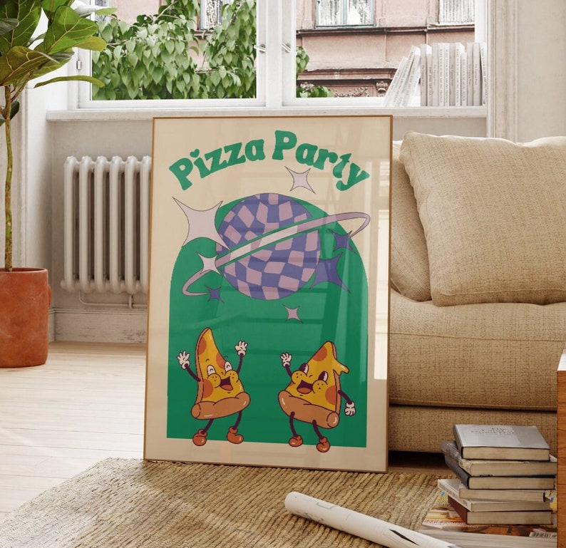 Cartoon Pizza Print, Printable Pizza Party Wall Art Download, Retro ...