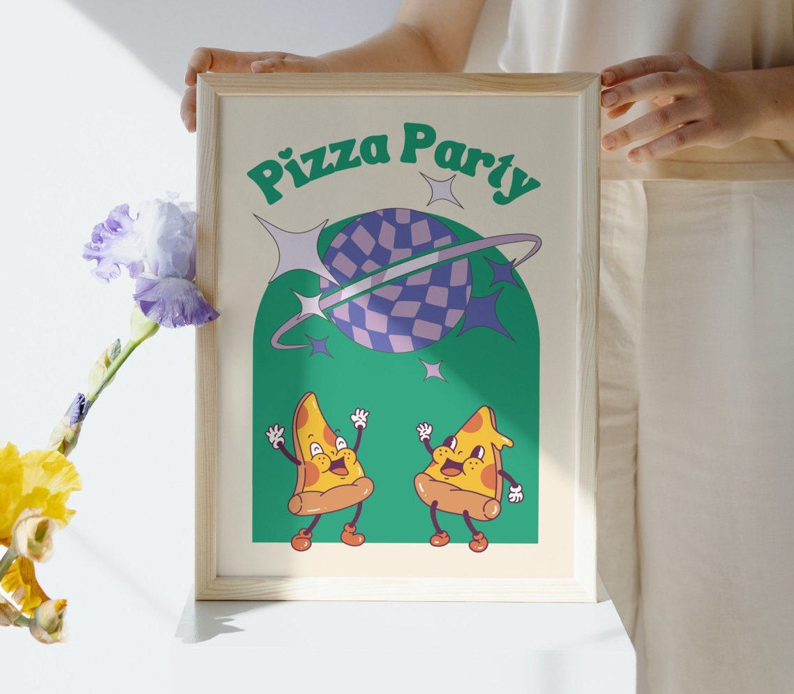 Cartoon Pizza Print, Printable Pizza Party Wall Art Download, Retro ...