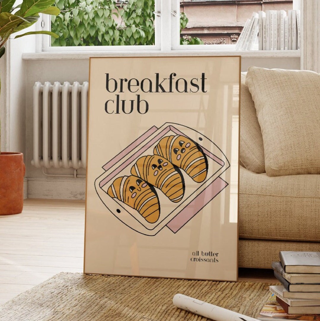 Cute Retro Croissant Poster, Bed and Breakfast Kitchen Decor, Cartoon ...