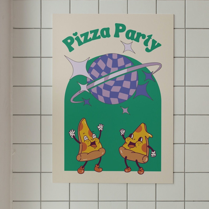 Cartoon Pizza Print, Printable Pizza Party Wall Art Download, Retro ...