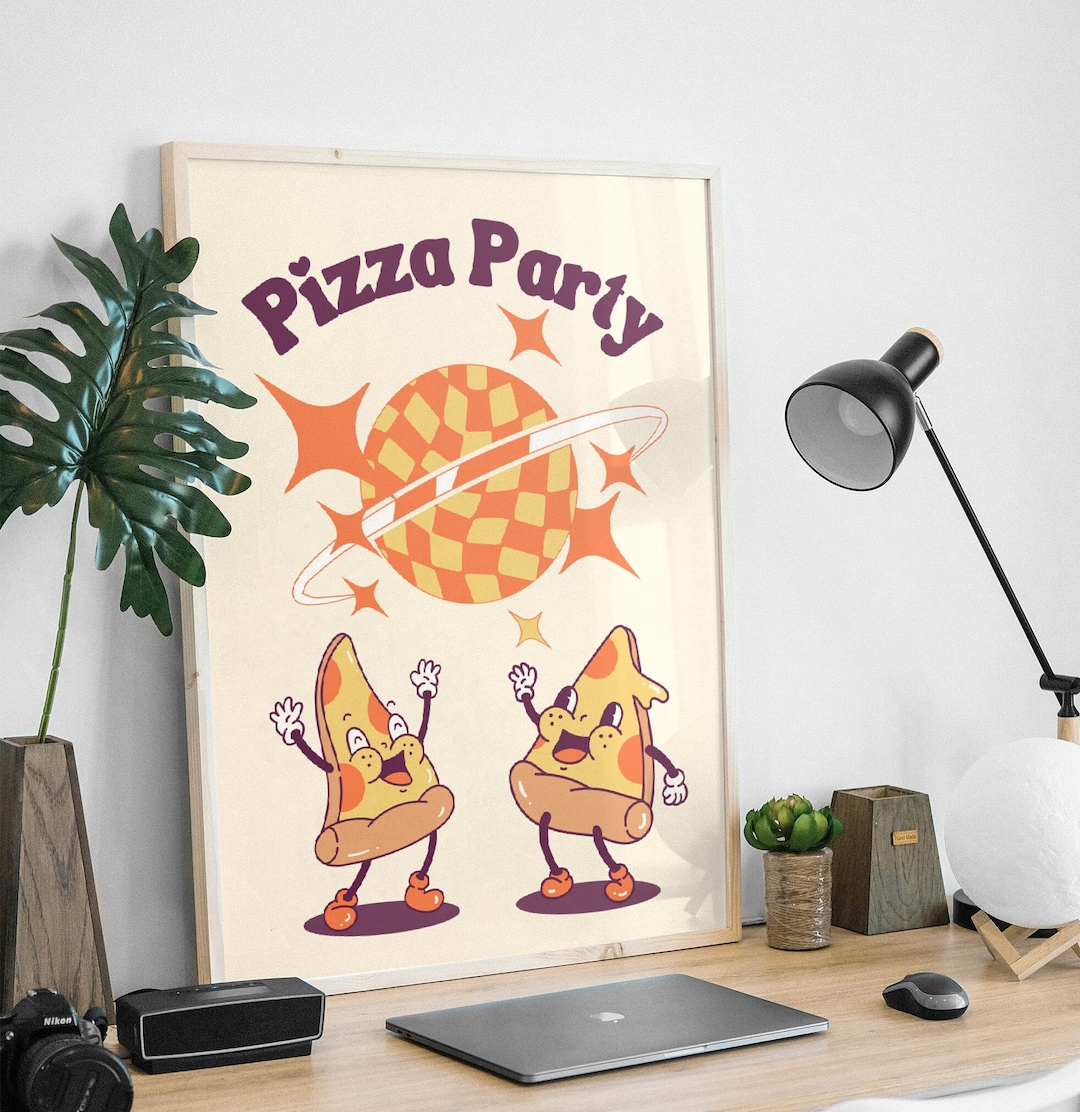 Pizza Party Cartoon Print Retro Cartoon Poster Cute - Etsy