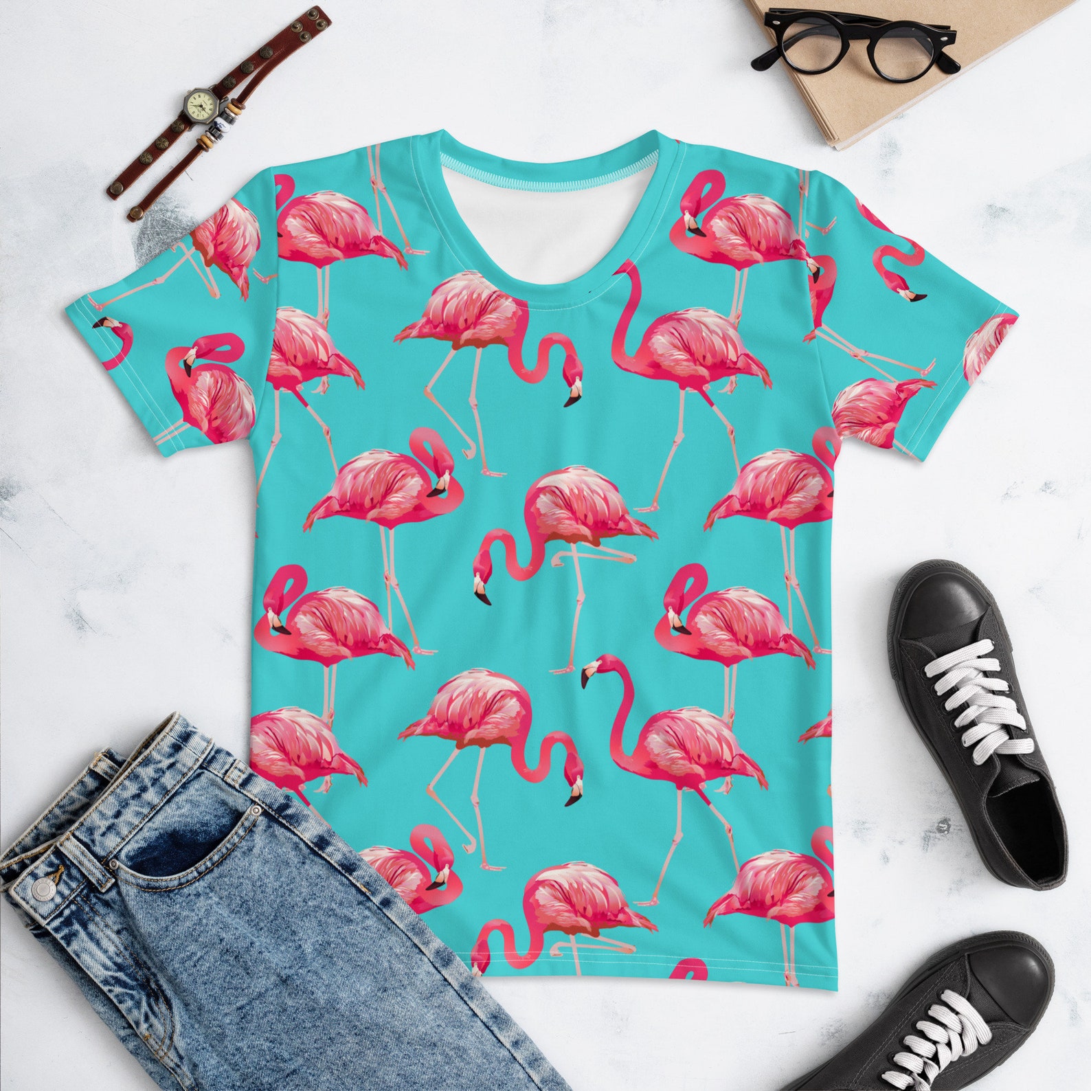 Flamingo Shirt - Women's Crew Neck Tee With All-over Tropical Pink ...