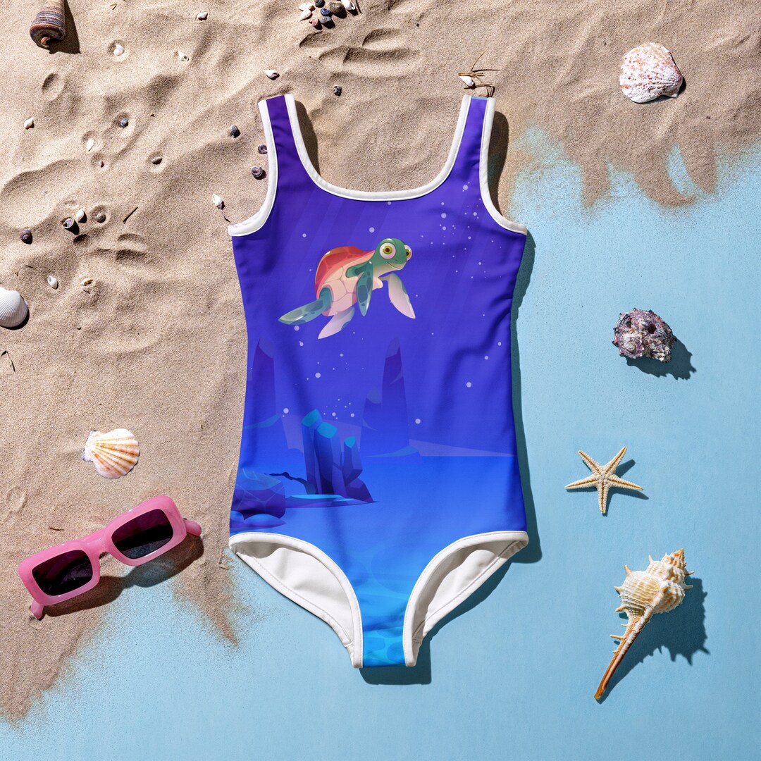 Underwater Girls Swimsuit One-piece Kids Blue Bathing Suit With All ...