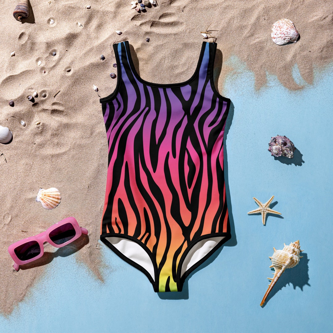Rainbow Zebra Girls Swimsuit - One-piece Kids Multicolor Bathing Suit ...