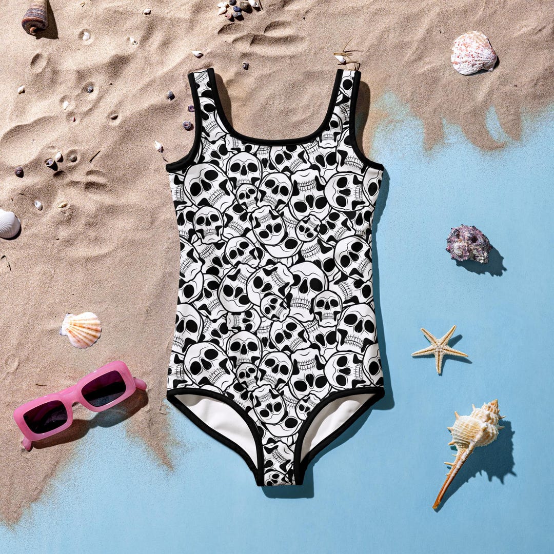 Skulls Girls Swimsuit One-piece Kids Bathing Suit With All-over Black ...