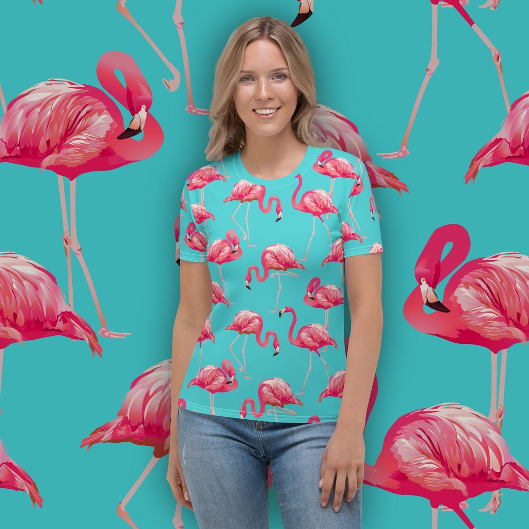 Flamingo Shirt Women's Crew Neck Tee With All-over Tropical Pink ...