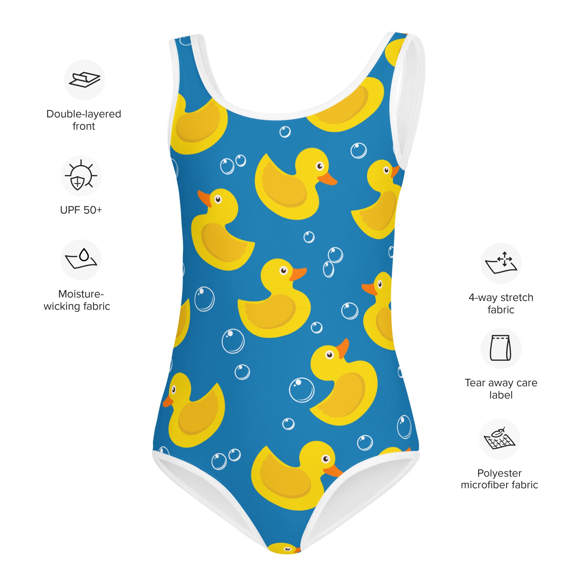 Rubber Duckies Girls Swimsuit One-piece Kids Blue Bathing Suit With All ...