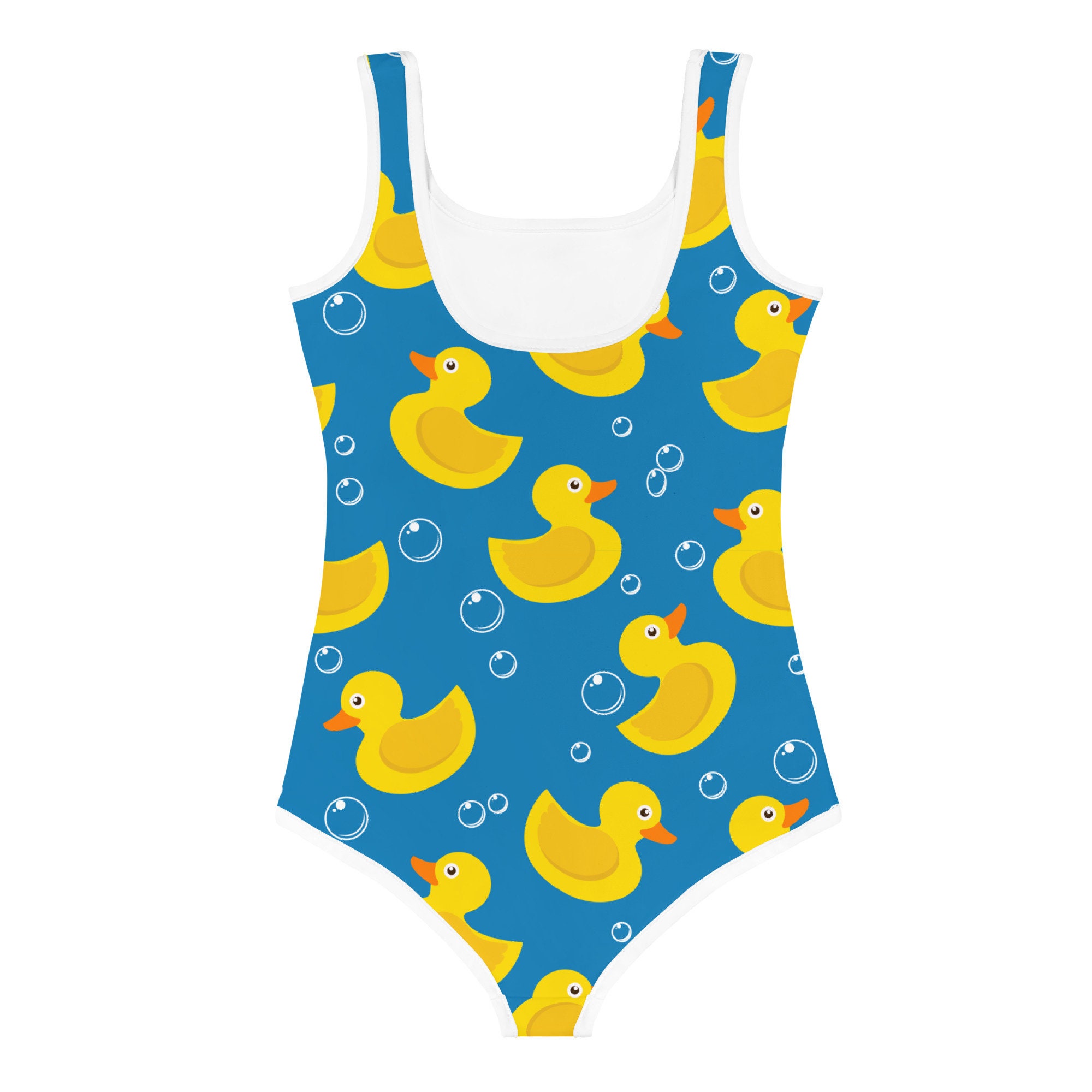 Rubber Duckies Girls Swimsuit One-piece Kids Blue Bathing Suit With All ...