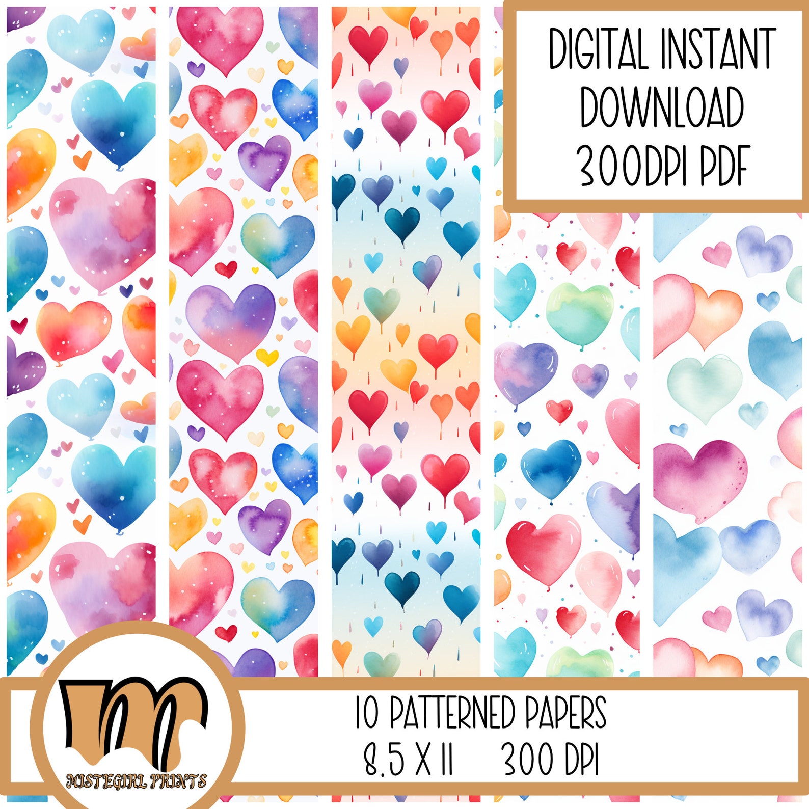 Watercolor Rainbow Hearts Pattern Papers, Digital Paper, Scrapbooking ...