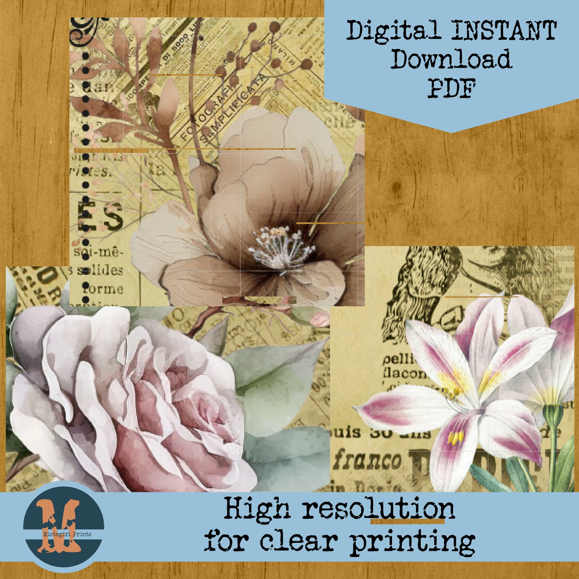 Vintage Flowers on Newspaper Collage Junk Journal Scrapbook - Etsy