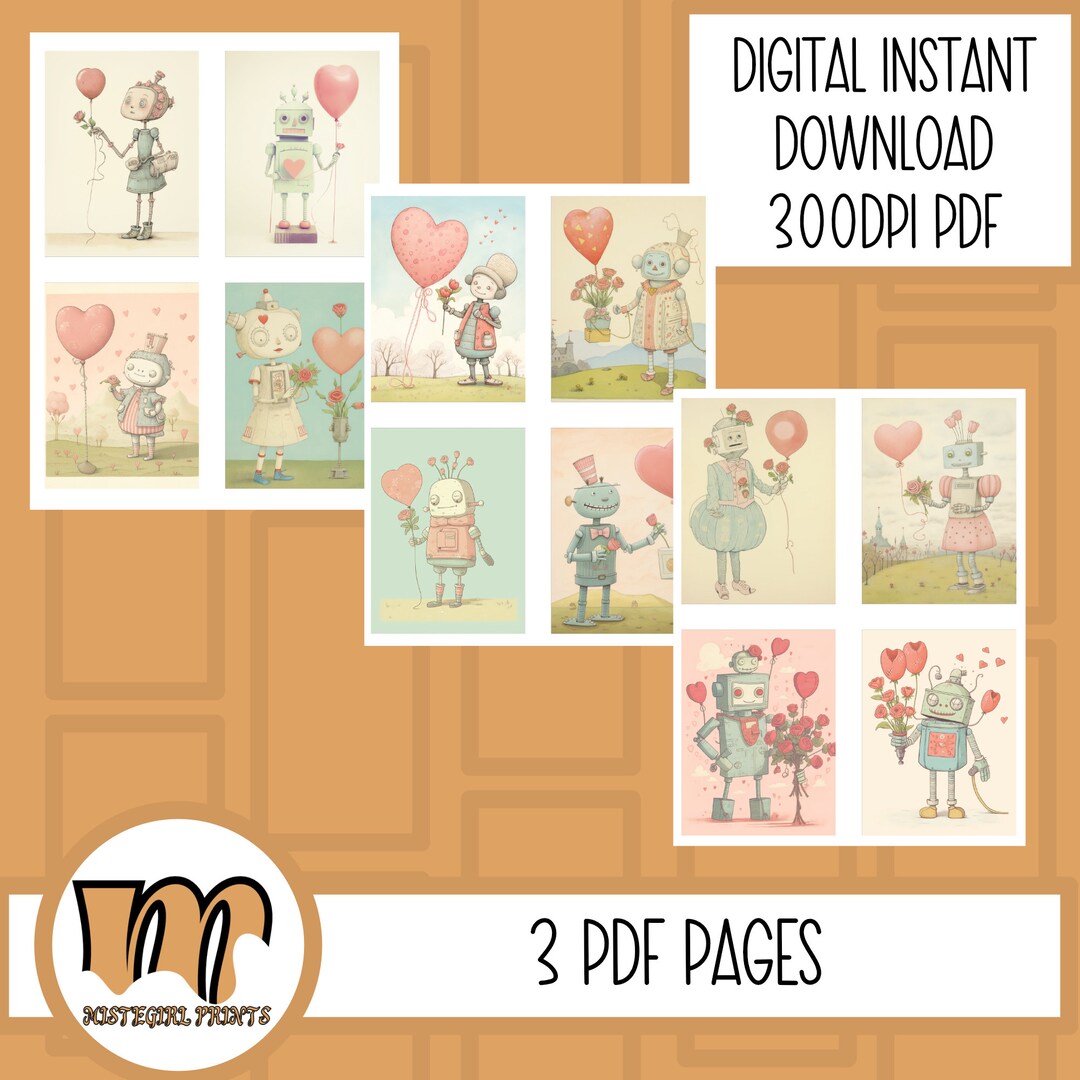 Vintage Robots Valentine Cards, ATC Cards, Junk Journal Ephemera ...