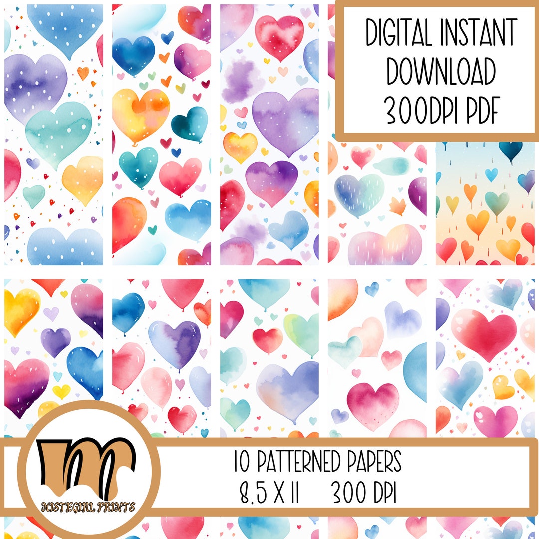 Watercolor Rainbow Hearts Pattern Papers, Digital Paper, Scrapbooking ...