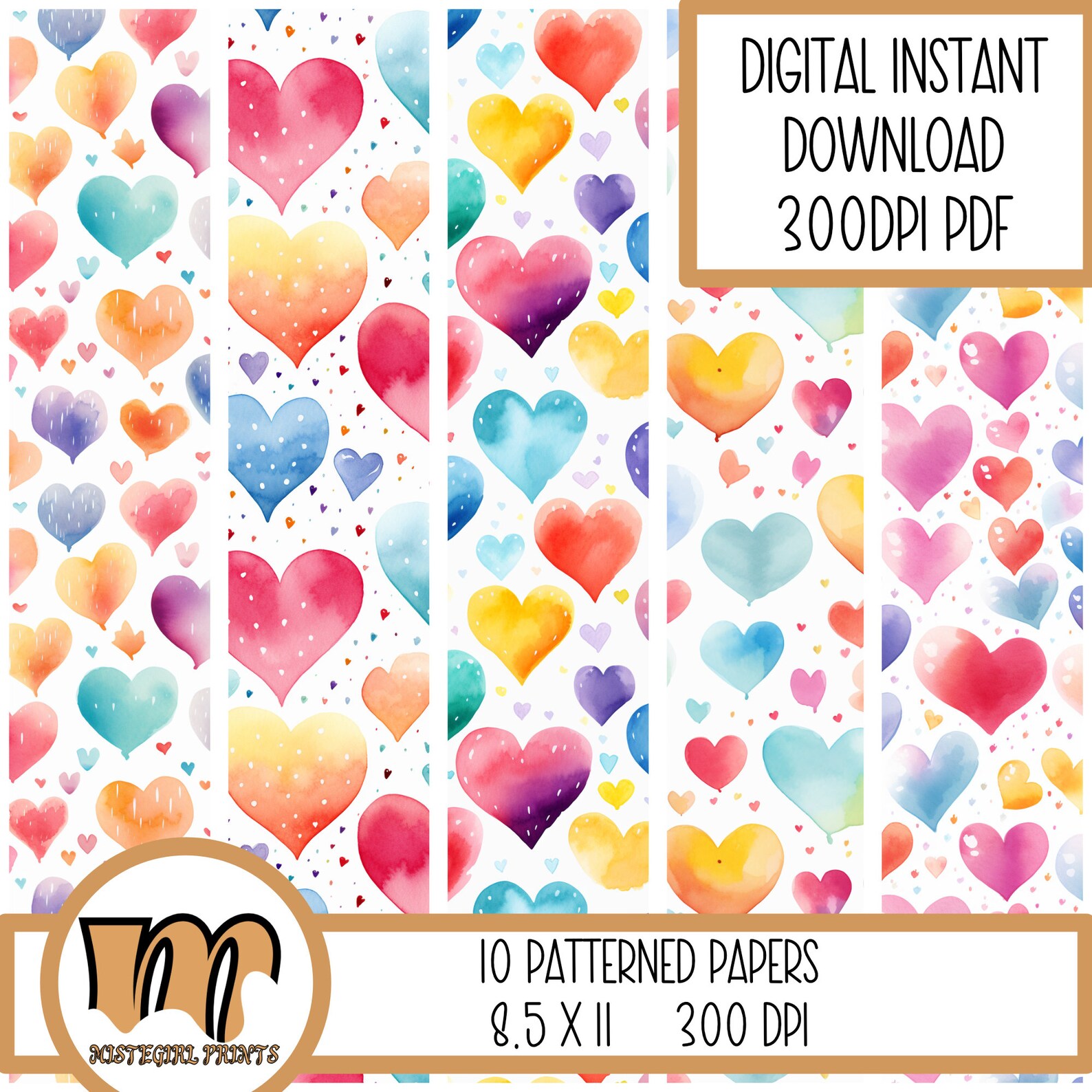 Watercolor Rainbow Hearts Pattern Papers, Digital Paper, Scrapbooking ...