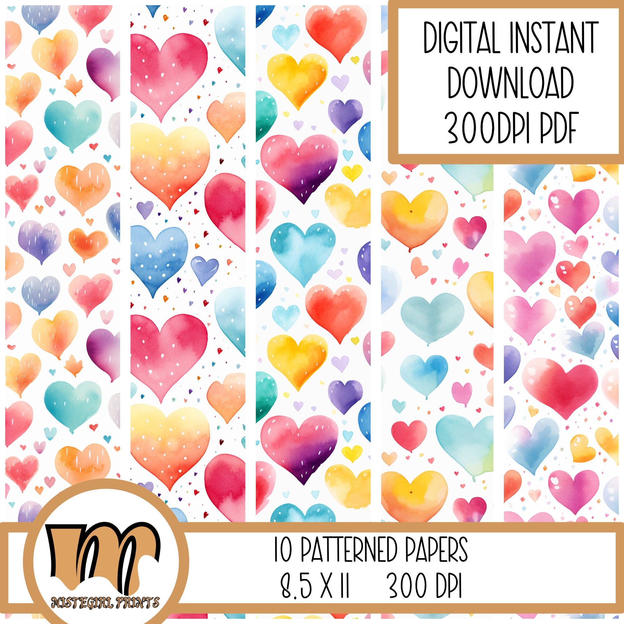 Watercolor Rainbow Hearts Pattern Papers, Digital Paper, Scrapbooking ...
