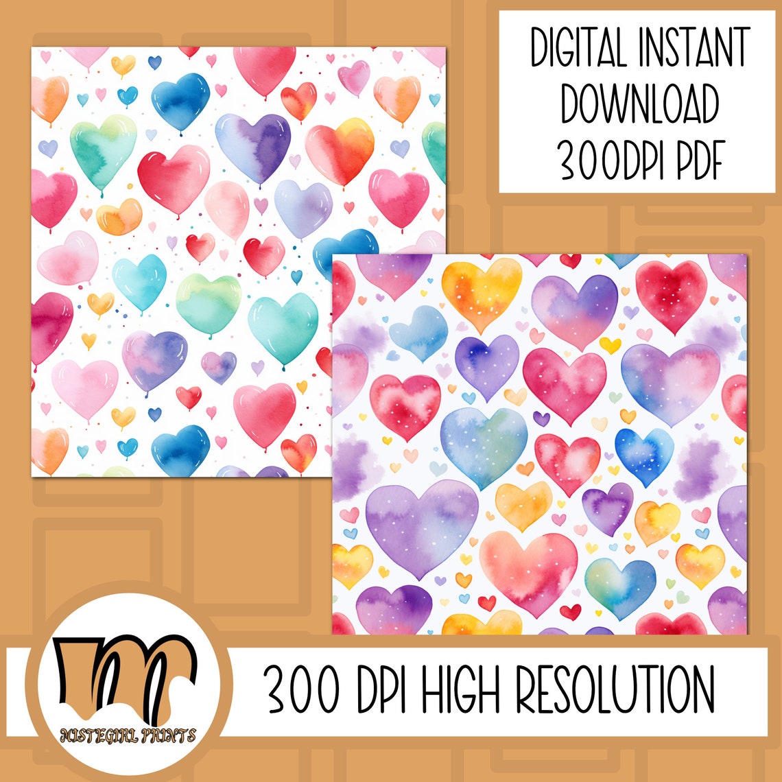 Watercolor Rainbow Hearts Pattern Papers, Digital Paper, Scrapbooking ...