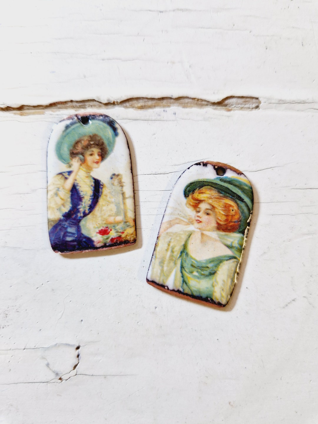 Artisanal Enamel on Copper Charms Set of 2 Pieces. Vintage Style Early ...