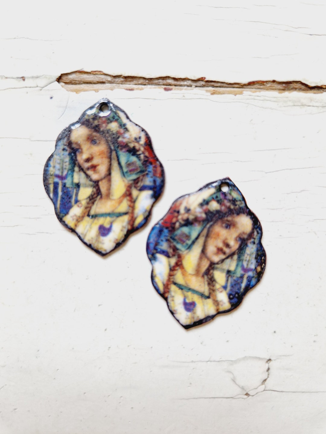 Artisan Rustic Enamel on Copper Charms. Vintage Style Beautiful Lady ...