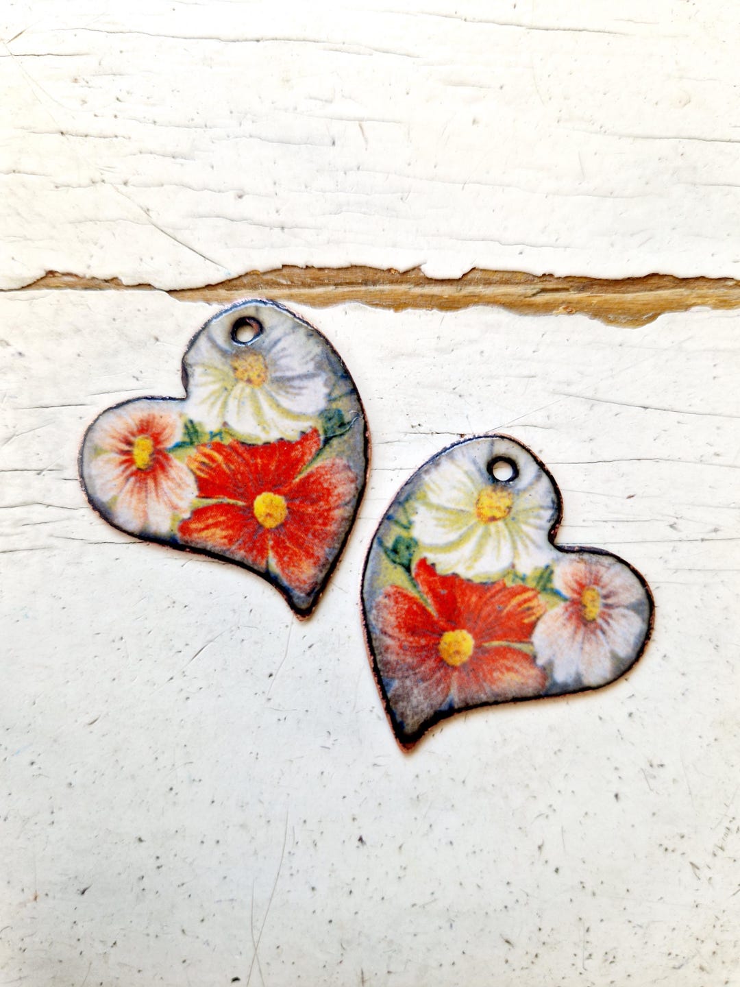 Artisan Rustic Enamel on Copper Hart Shaped Charms. Vintage Style ...