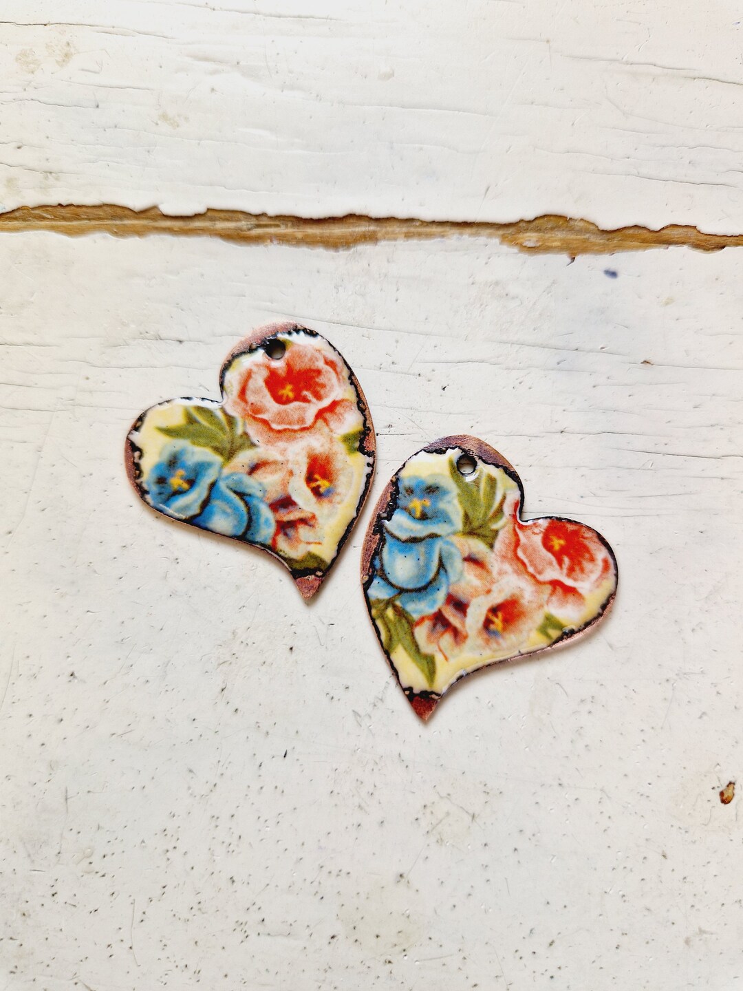 Artisan Rustic Enamel on Copper Hart Shaped Charms. Vintage Style ...