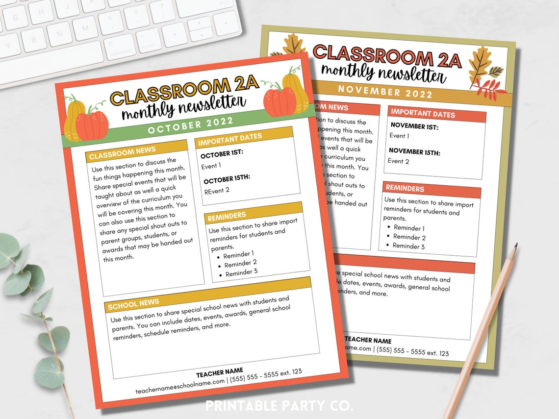Yearly PTA PTO Newsletter Template Set Monthly Classroom - Etsy