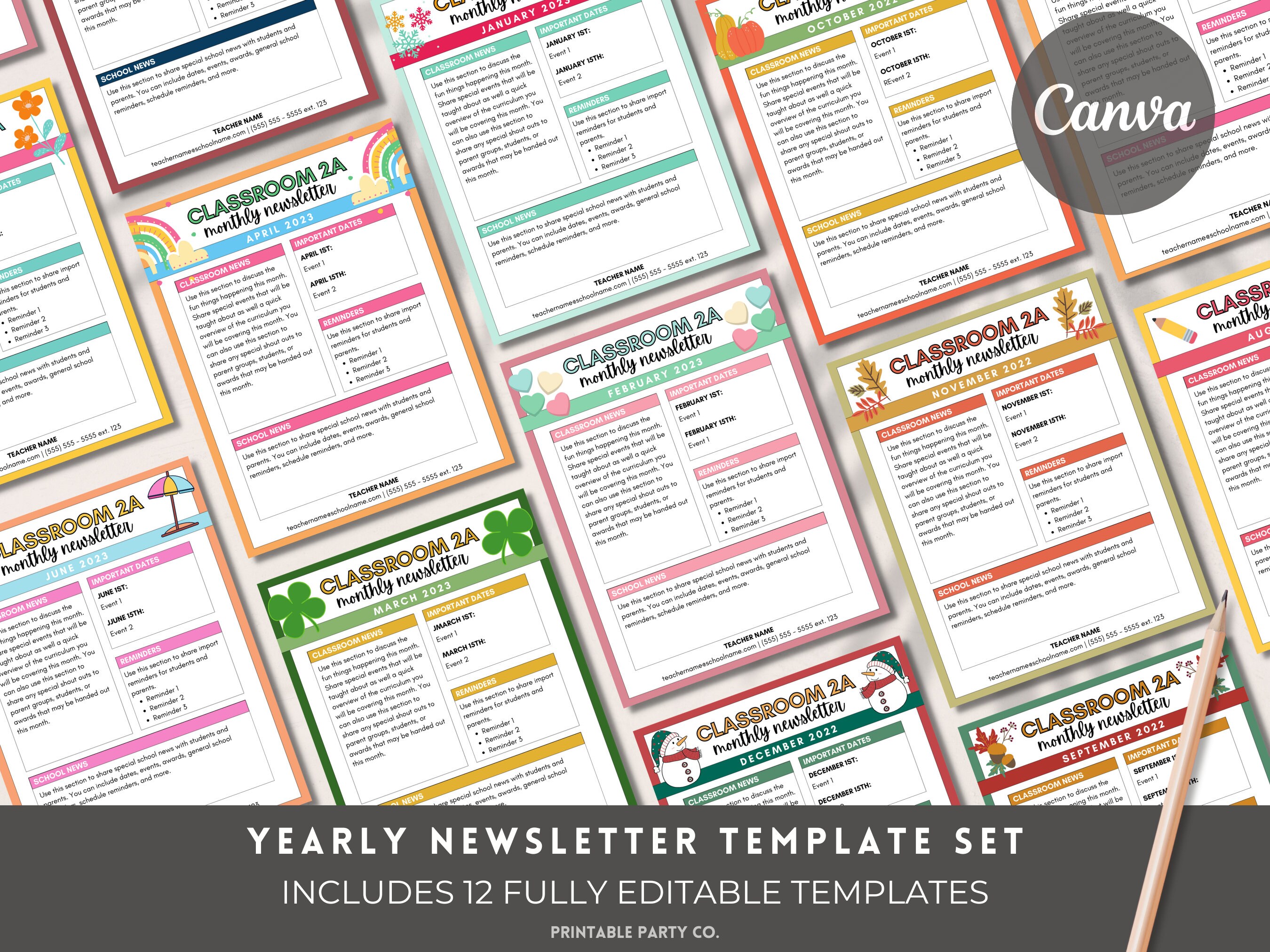Yearly PTA PTO Newsletter Template Set Monthly Classroom Handout Flyer ...