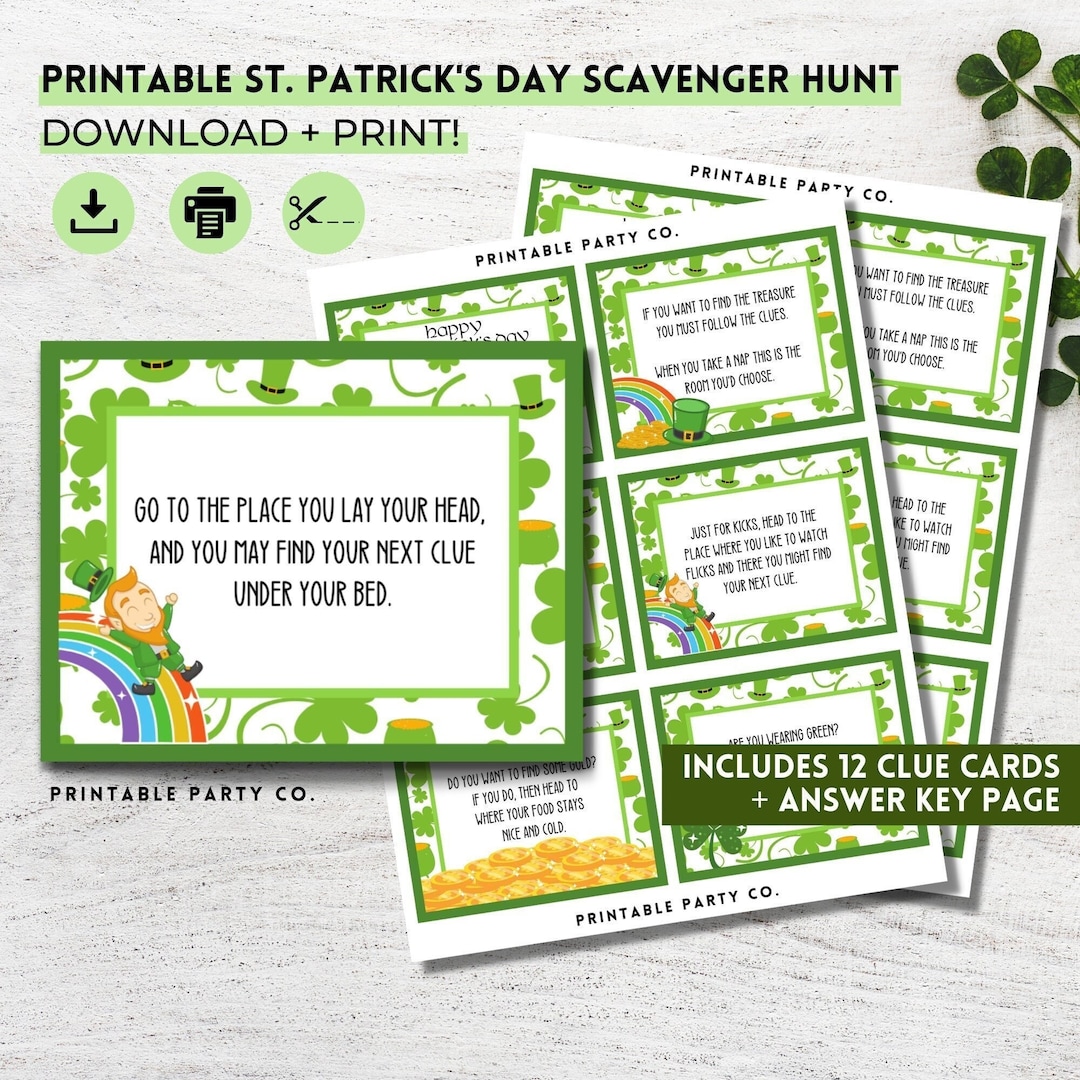 St. Patrick's Day Scavenger Hunt Game Printable Clue Cards, Kids Gold ...