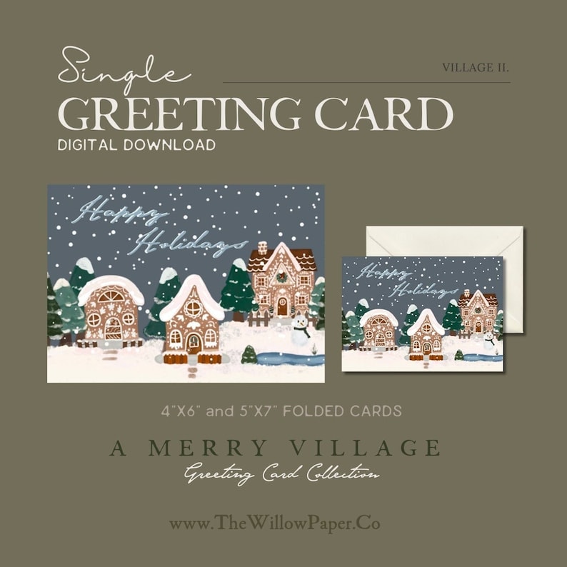Printable Card - Village 2 - A Merry Village, Cozy Original Design - Digital Download Christmas ...
