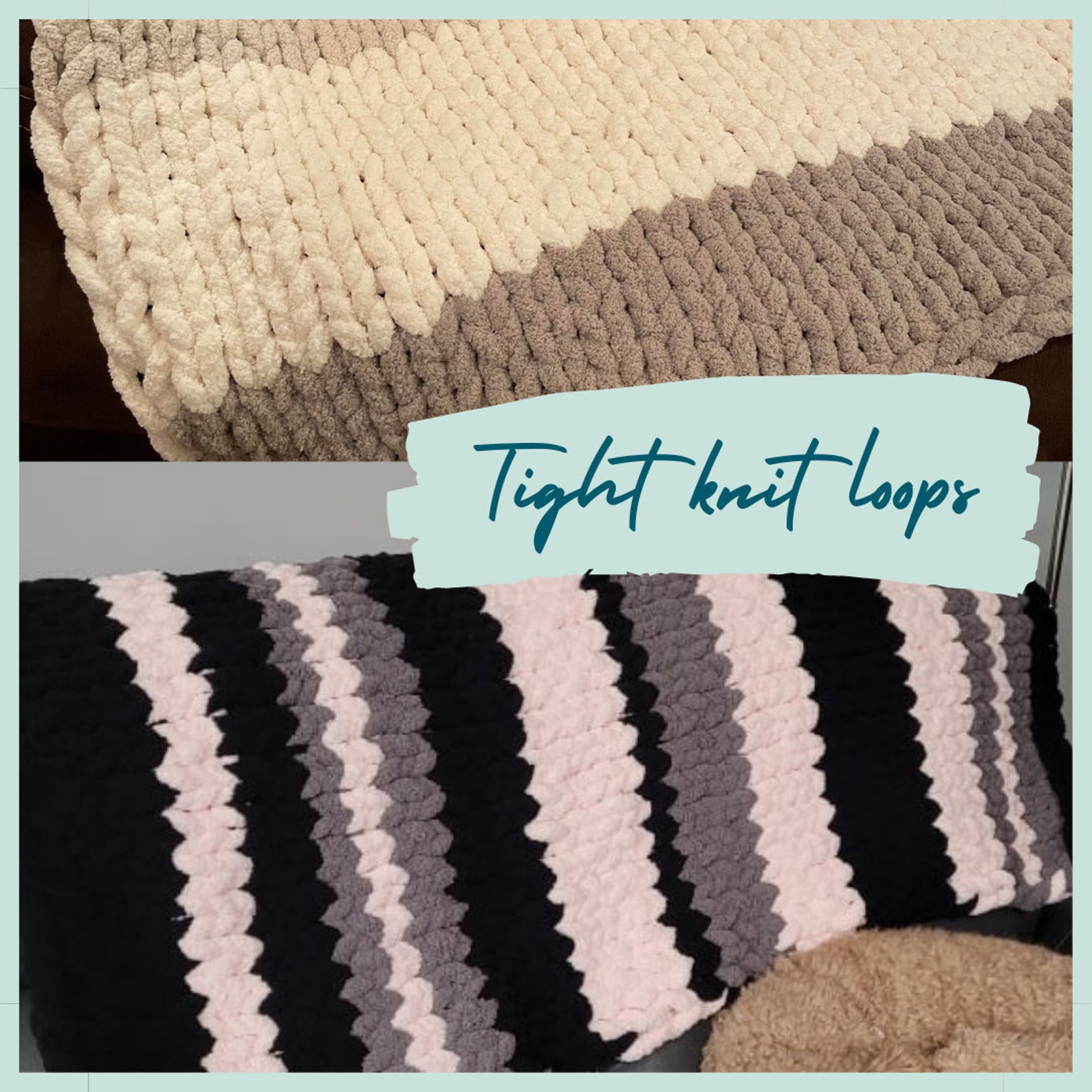 Hand-knit Chunky Blanket | Tri-color (blue, Gray, Cream) - Etsy