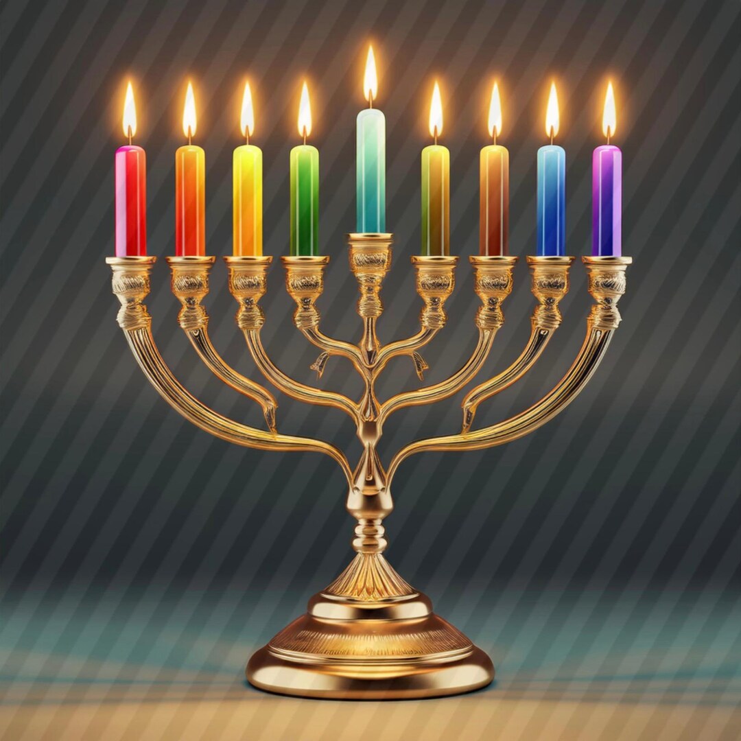 Rainbow Candle Menorah With Gold Laden Candelabra Festival of Light Ai ...