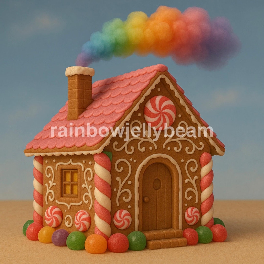 Rainbow Gingerbread House Print Candy Cane & Gumdrop Art (digital ...