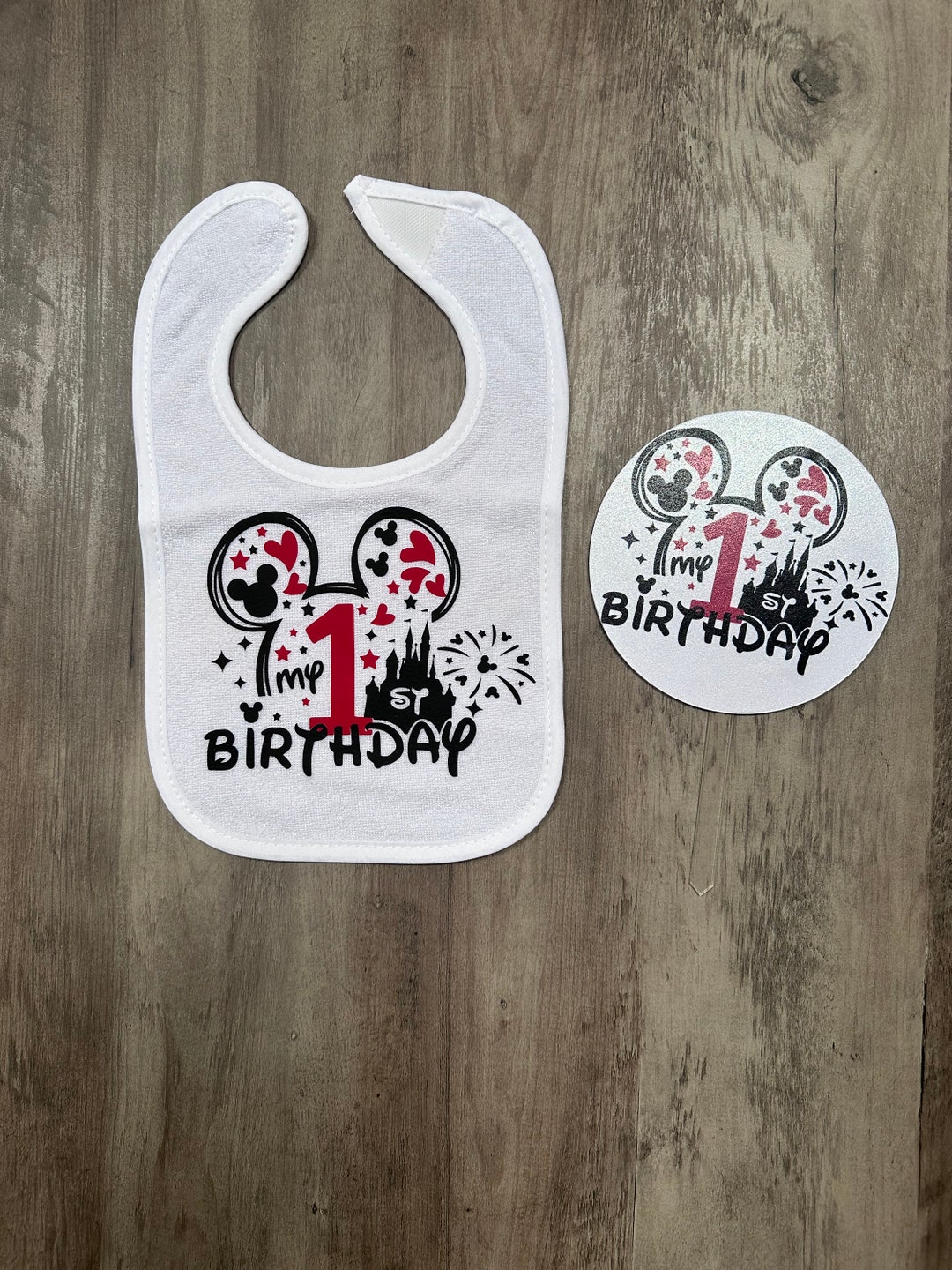 Mouse Ears 1st Birthday Bib and Cake Topper, First Birthday Bib, Mouse ...
