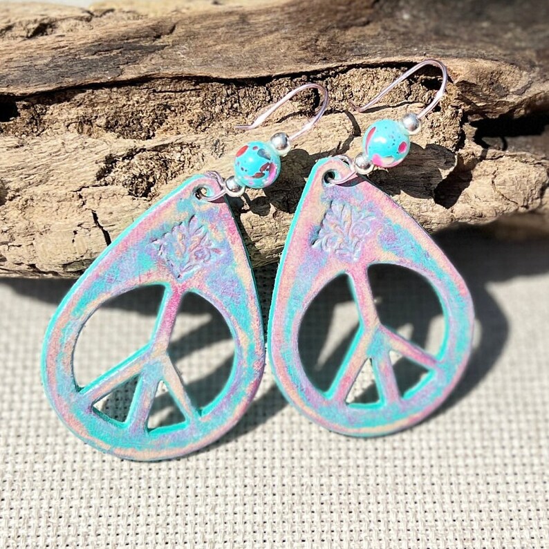 Handcrafted Peace Sign Blue and Pink Teardrop Earring/boho Earring ...