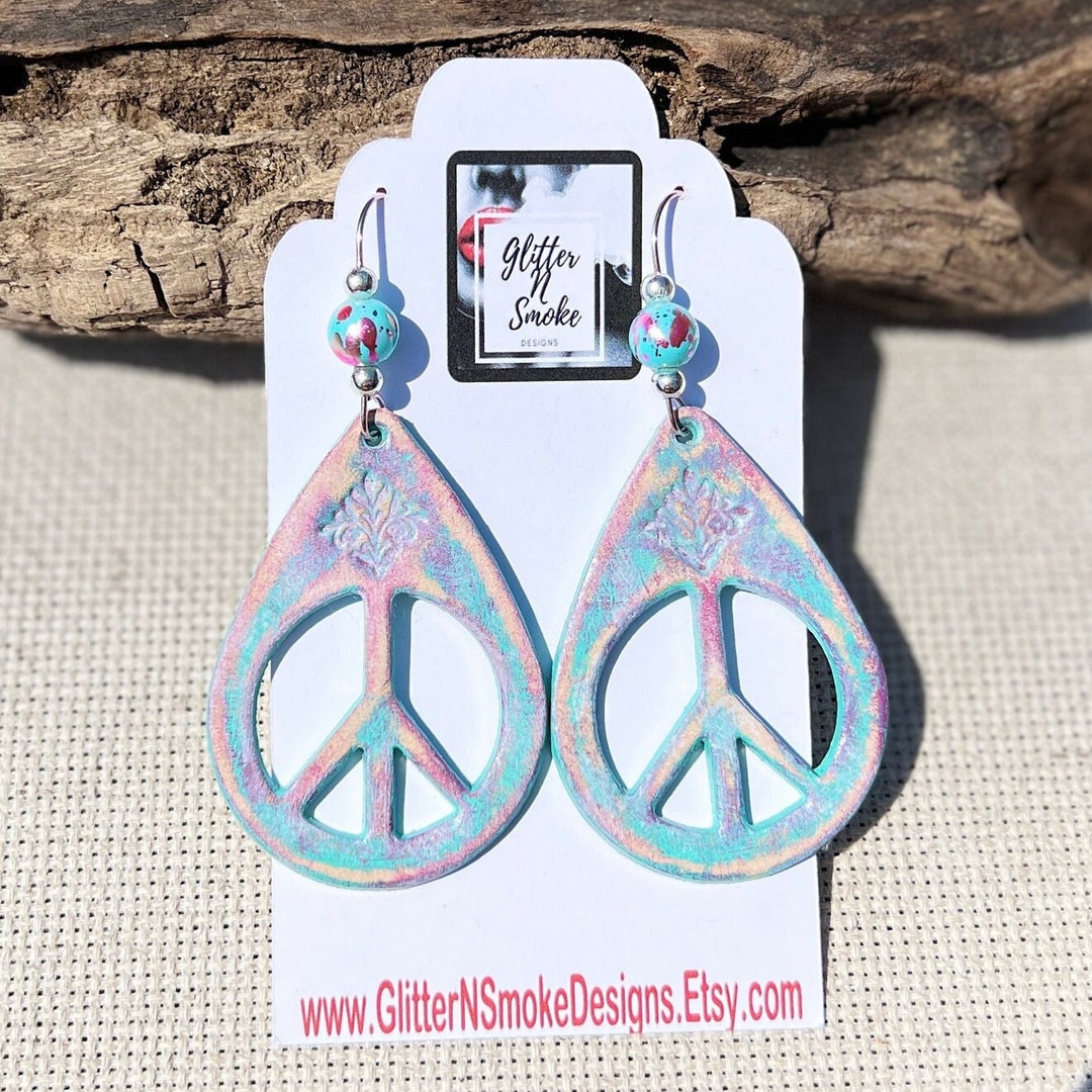 Handcrafted Peace Sign Blue and Pink Teardrop Earring/boho Earring ...