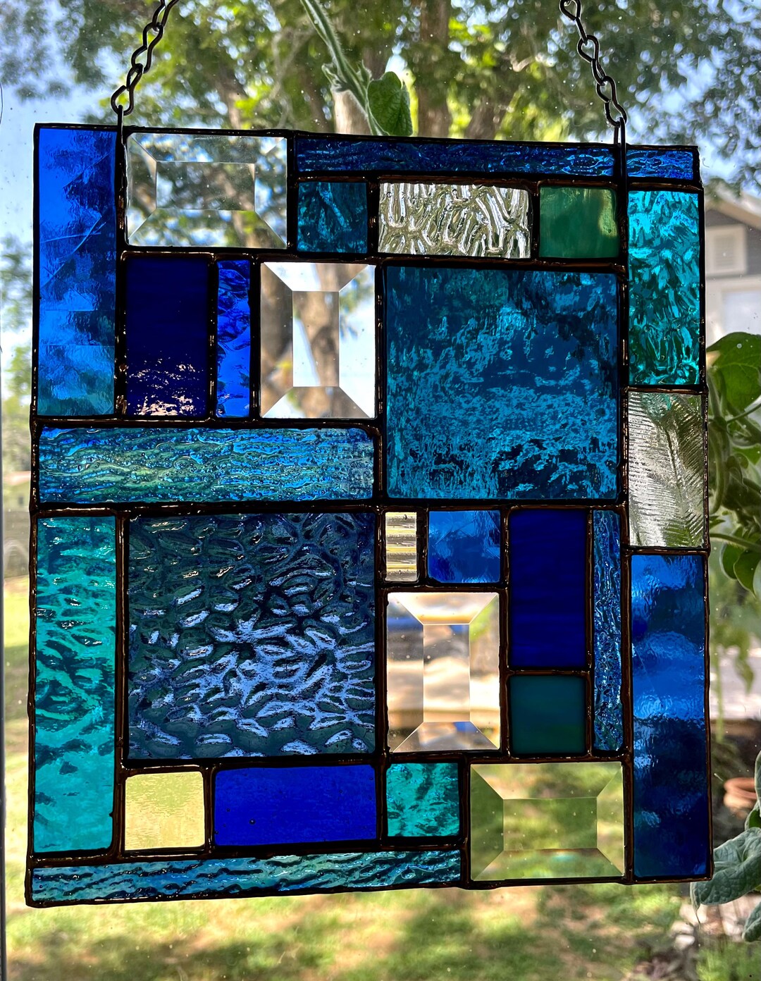 Blue Geometric Window Panel, Geometric Art, Glass Art, Unique, Hand ...