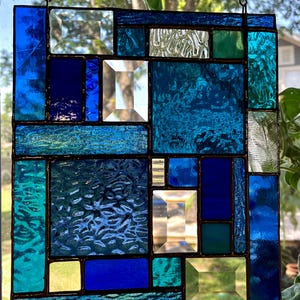 Blue Geometric Window Panel, Geometric Art, Glass Art, Unique, Hand ...