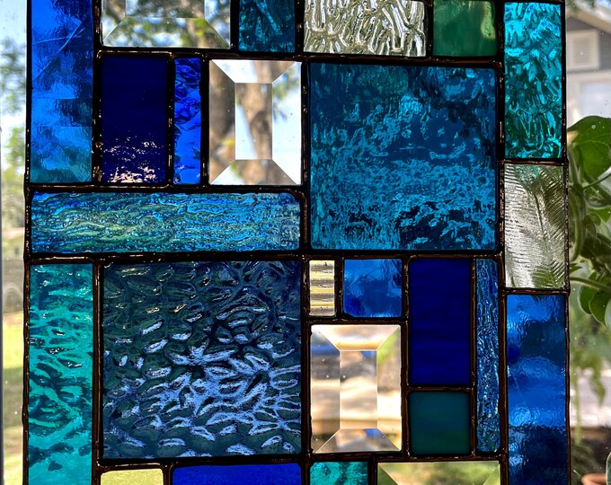 Blue Geometric Window Panel, Geometric Art, Glass Art, Unique, Hand ...