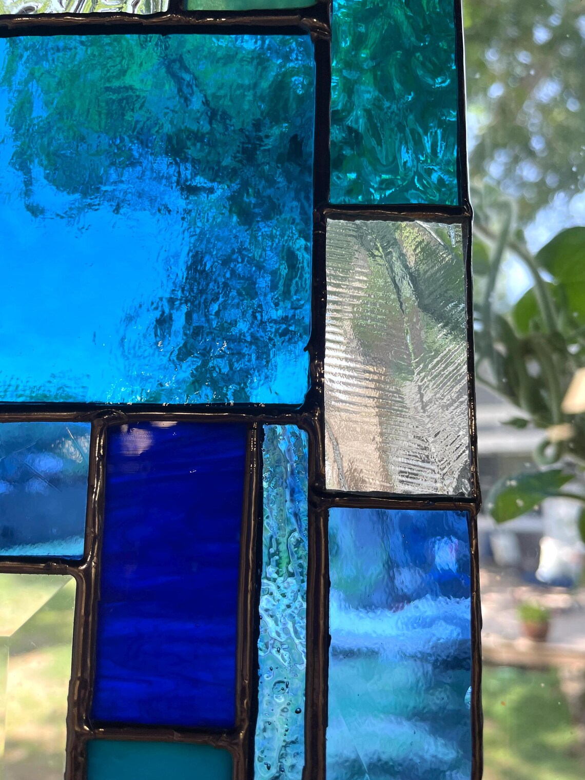 Blue Geometric Window Panel, Geometric Art, Glass Art, Unique, Hand ...