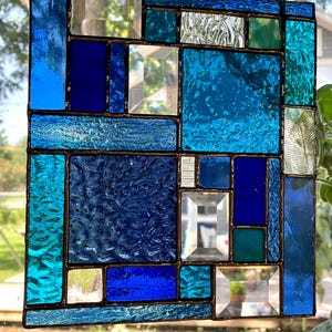 Blue Geometric Window Panel, Geometric Art, Glass Art, Unique, Hand ...