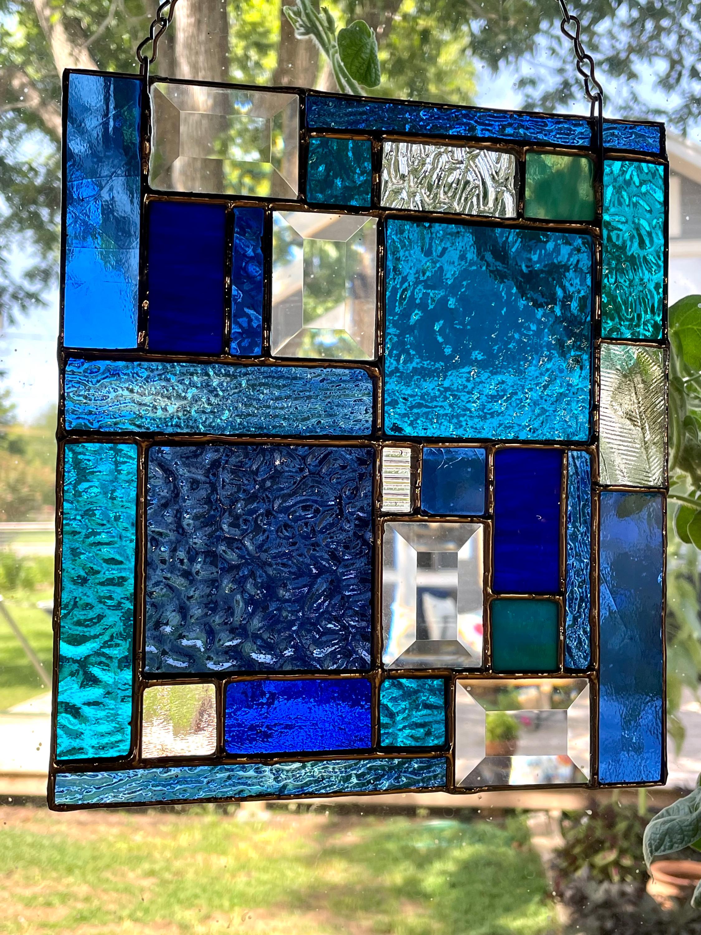 Blue Geometric Window Panel, Geometric Art, Glass Art, Unique, Hand ...