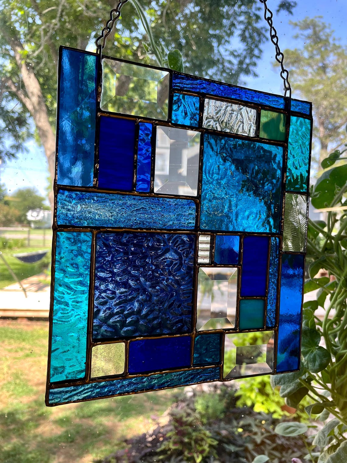 Blue Geometric Window Panel, Geometric Art, Glass Art, Unique, Hand ...