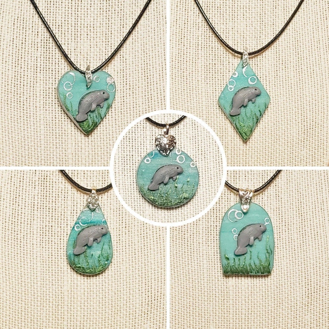 Polymer Clay Manatee Pendant on a 20 Black Cord Necklace, Beachy or ...