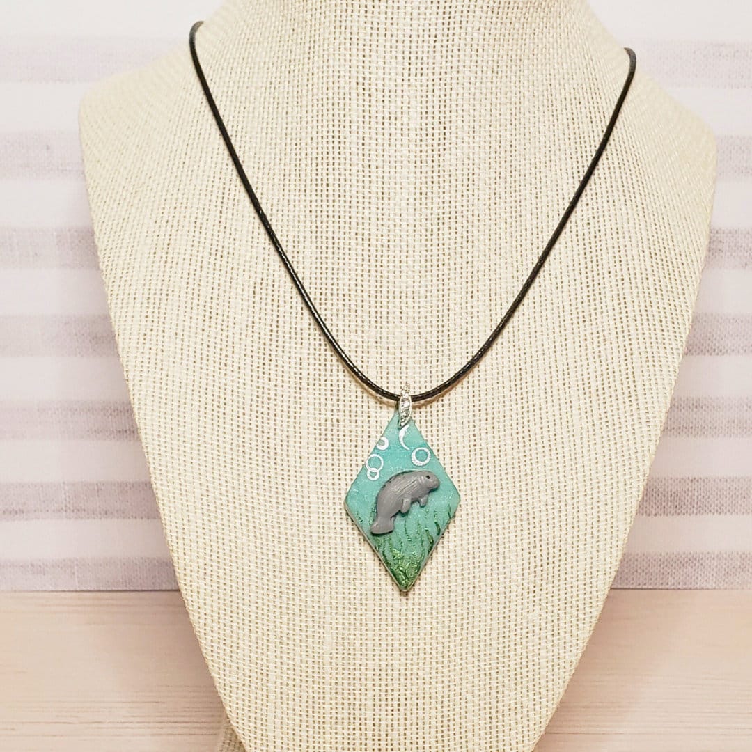 Polymer Clay Manatee Pendant on a 20 Black Cord Necklace, Beachy or ...